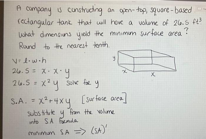 Solved a company is constructing an open top square based | Chegg.com