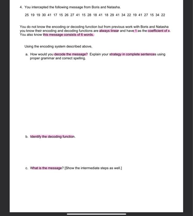 Solved 4. You intercepted the following message from Boris | Chegg.com