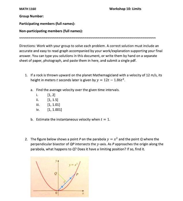Solved MATH 1160 Workshop 10: Limits Group Number: | Chegg.com