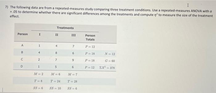 Solved 7) The following data are from a repeated-measures | Chegg.com