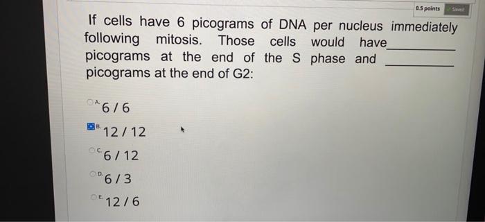 Solved 0.5 points If cells have 6 picograms of DNA per | Chegg.com
