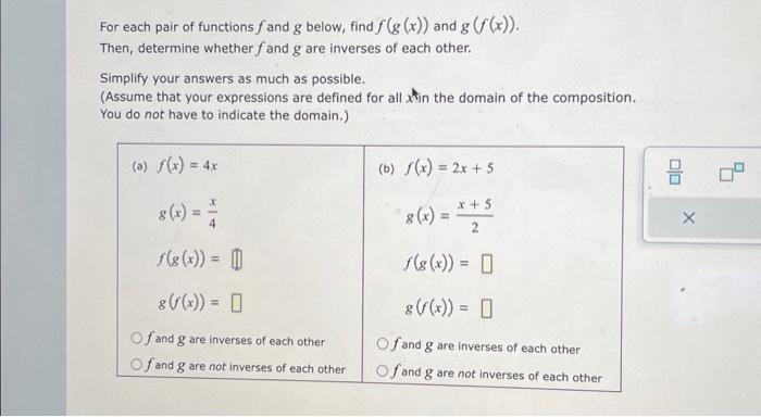 Solved For each pair of functions f and g below, find | Chegg.com