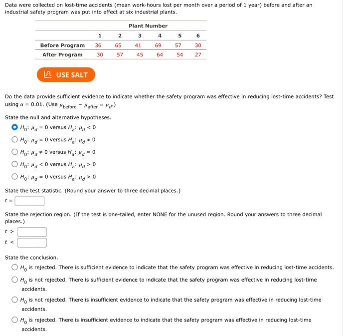 Solved Data were collected on lost-time accidents (mean | Chegg.com