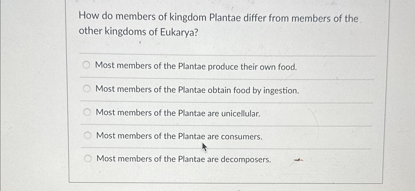 Solved How do members of kingdom Plantae differ from members | Chegg.com