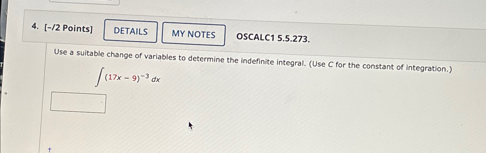 Solved [-/2 ﻿Points]OSCALC1 5.5.273.Use a suitable change of | Chegg.com