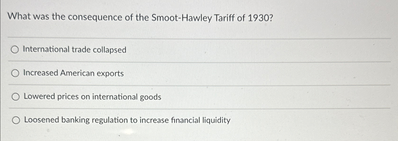 Solved What was the consequence of the Smoot-Hawley Tariff | Chegg.com