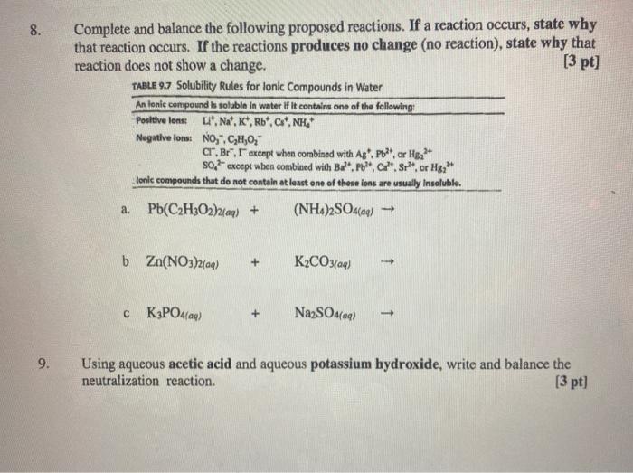 Solved 8. Complete and balance the following proposed | Chegg.com