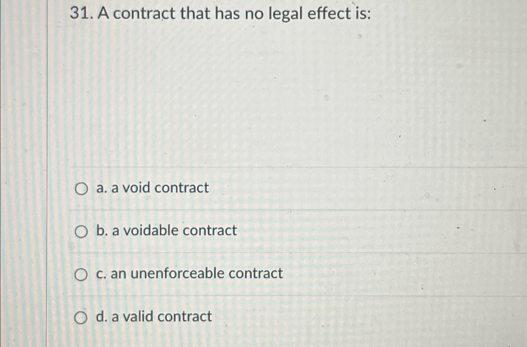Solved A contract that has no legal effect is:a. ﻿a void | Chegg.com