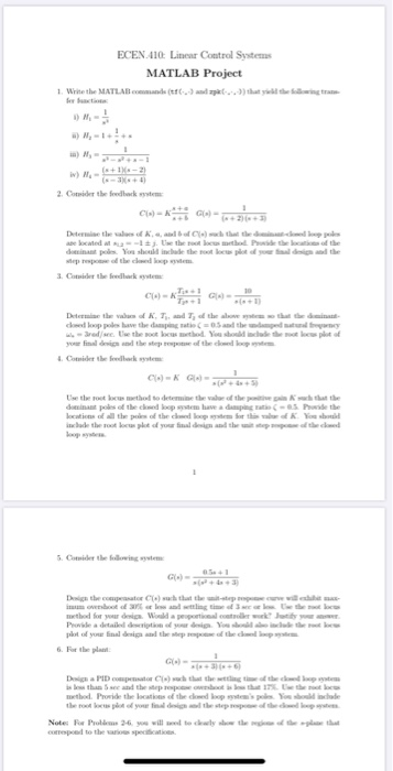 Solved ECEN 410 Liner Control Systems MATLAB Project 1. | Chegg.com