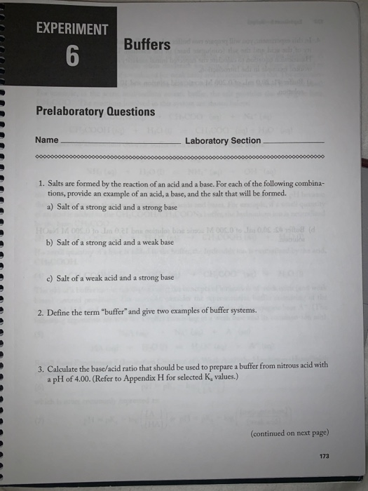 Solved EXPERIMENT 6 Buffers Prelaboratory Questions Name | Chegg.com