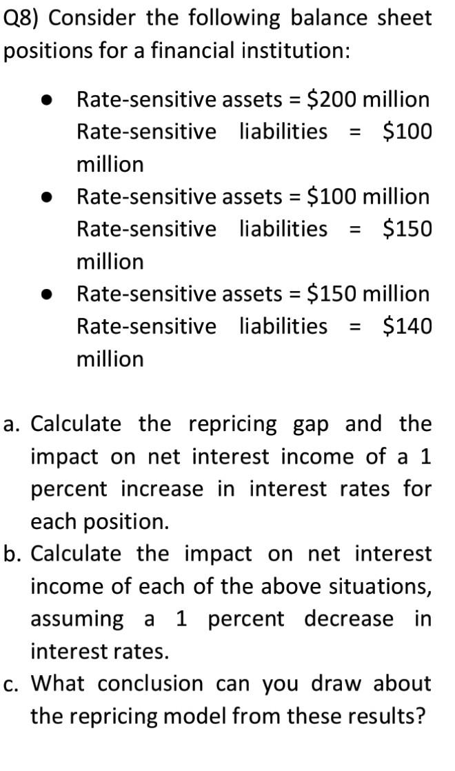 Solved Q8) Consider the following balance sheet positions | Chegg.com