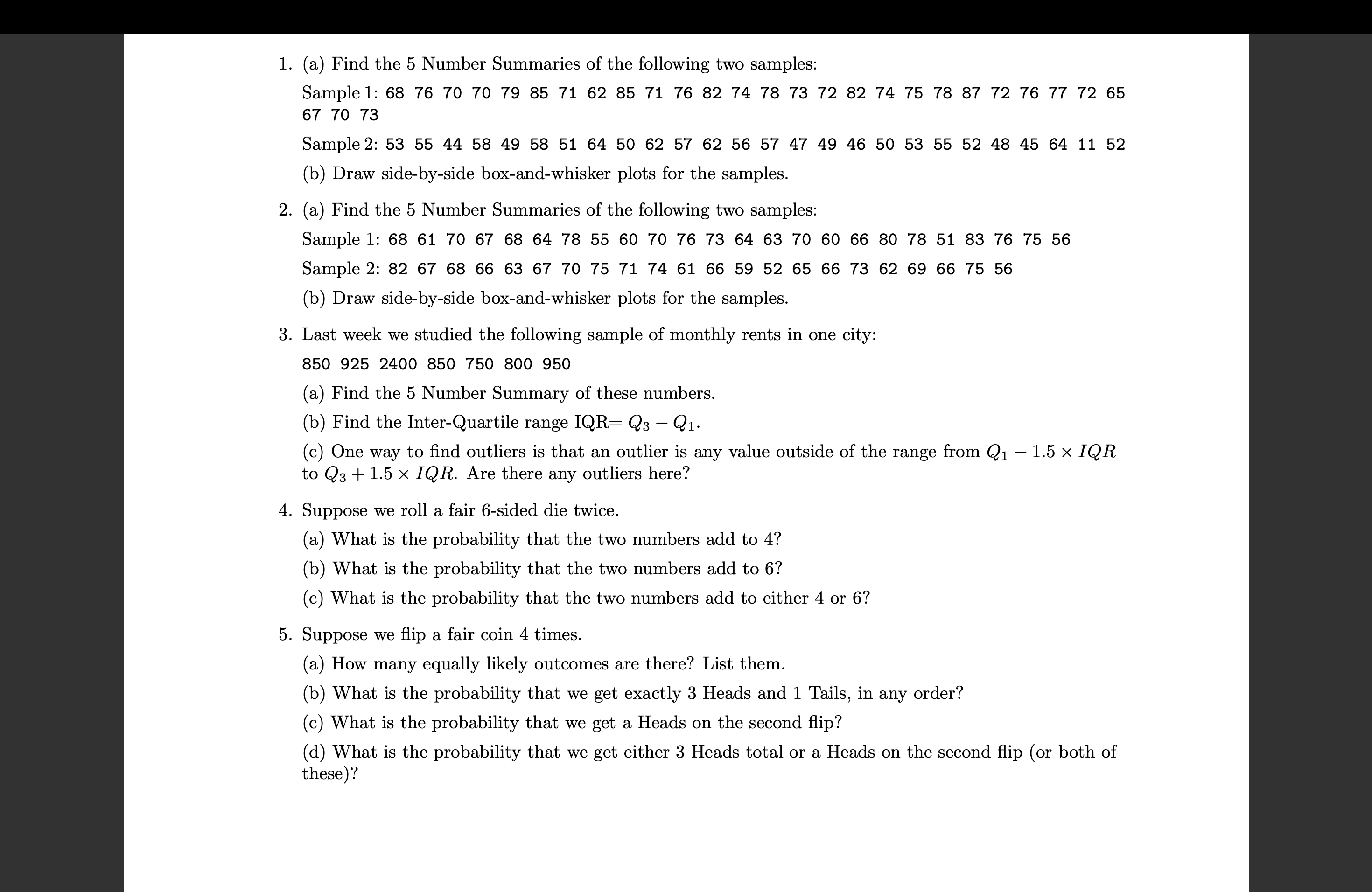 Solved A find The 5 number Summaries Of The Following