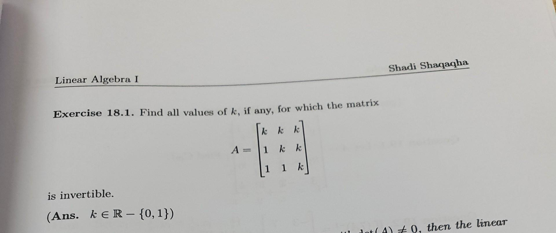 Solved Exercise 18.1. Find all values of k, if any, for | Chegg.com