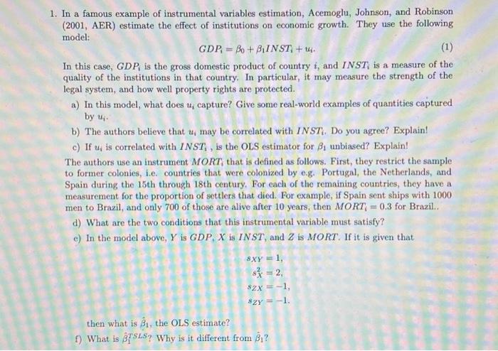 Solved In a famous example of instrumental variables | Chegg.com
