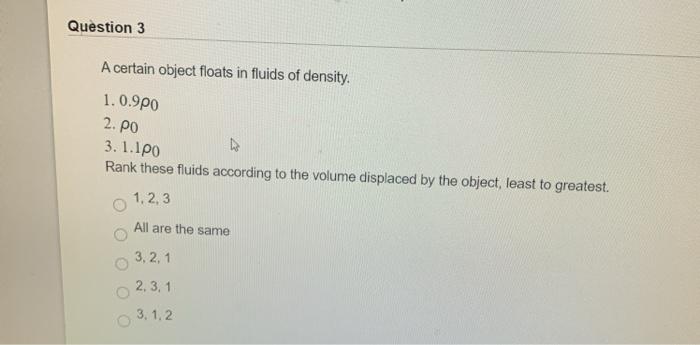 Solved Question 3 A certain object floats in fluids of | Chegg.com