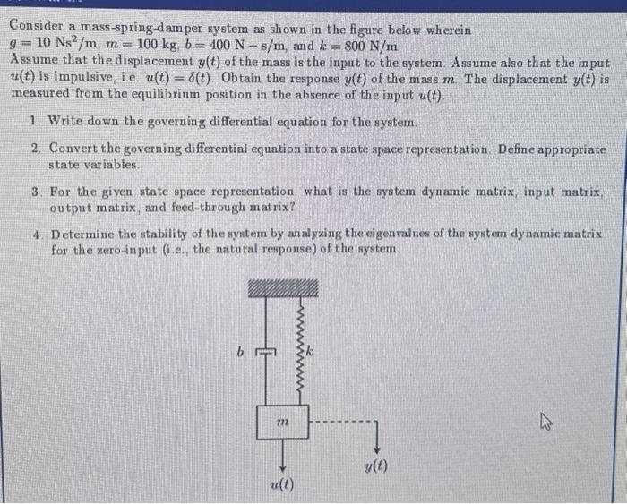Solved Consider a mass-spring-damper system as shown in the | Chegg.com