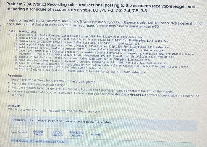 Problem 7.3A (Static) Recording sales transactlons, | Chegg.com