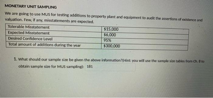 MONETARY UNIT SAMPLING We are going to use MUS for | Chegg.com