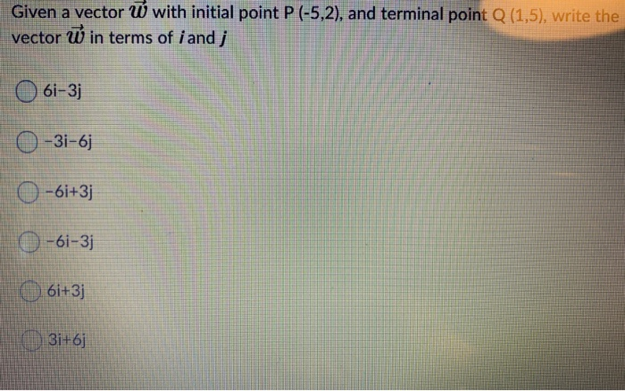 Solved Given a vector W with initial point P (-5,2), and | Chegg.com
