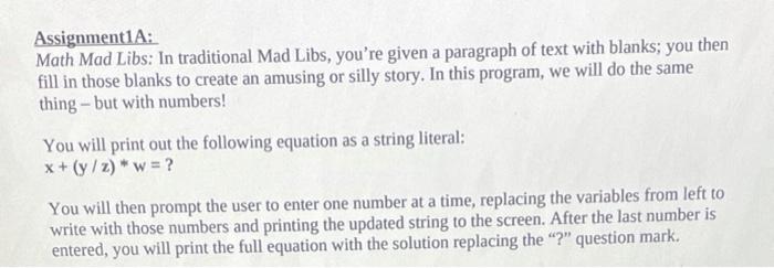 Solved Assignment1A: Math Mad Libs: In traditional Mad Libs, | Chegg.com