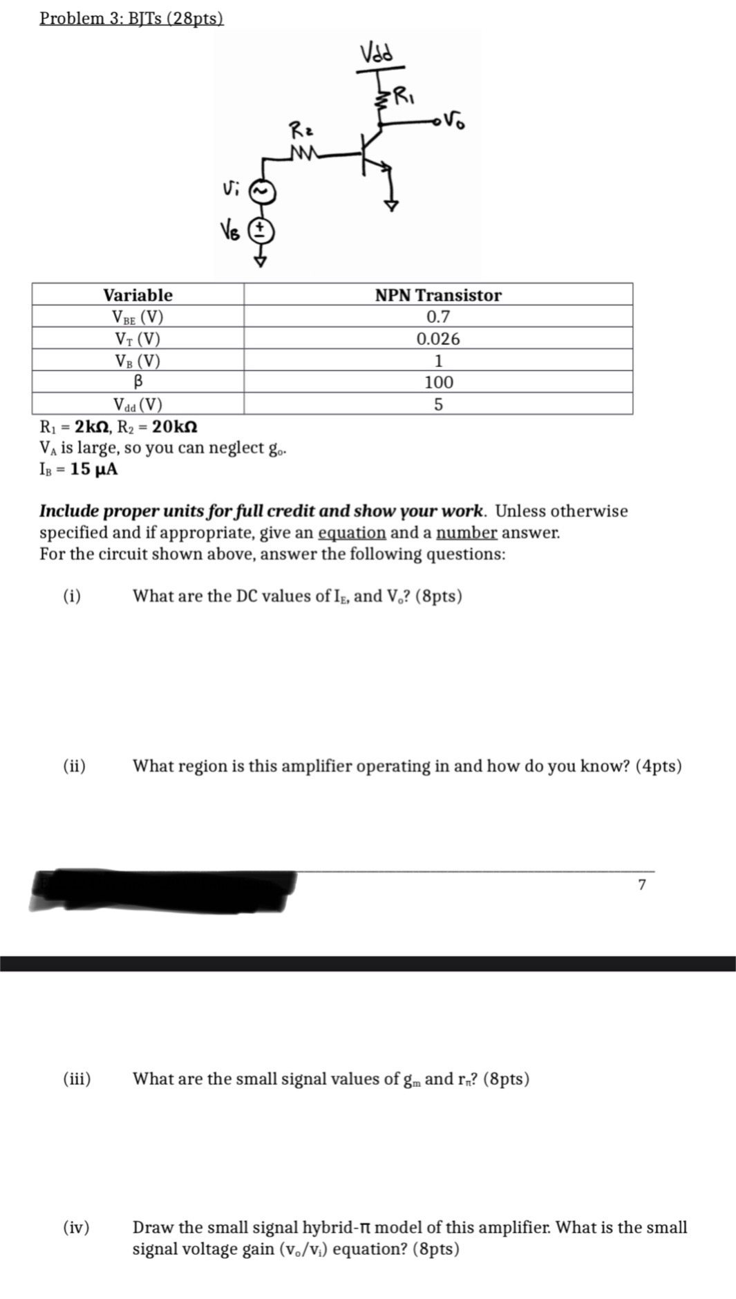 Solved Problem 3: BJTs (28pts)\table[[Variable,NPN | Chegg.com