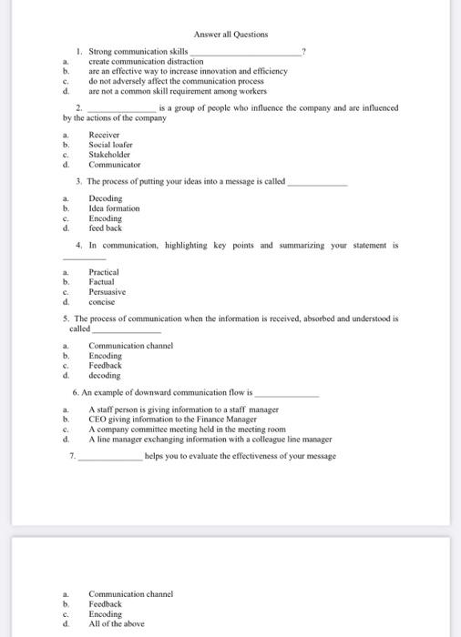 Solved Answer all Questions 1. Strong communication skills | Chegg.com