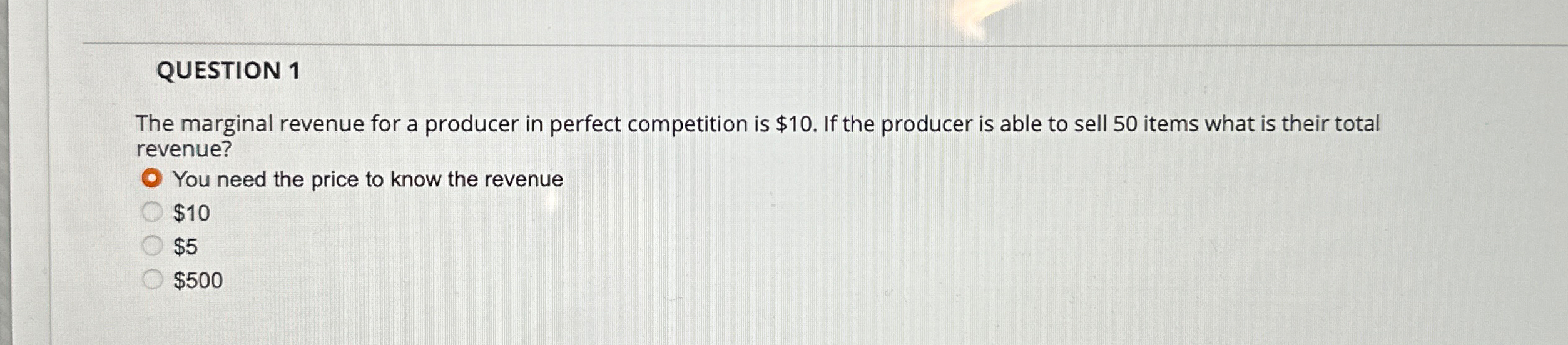 Solved QUESTION 1The marginal revenue for a producer in | Chegg.com