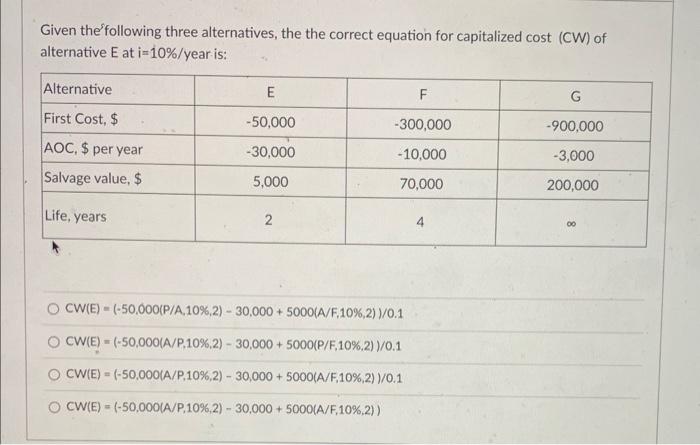 Solved Given the following three alternatives, the the | Chegg.com