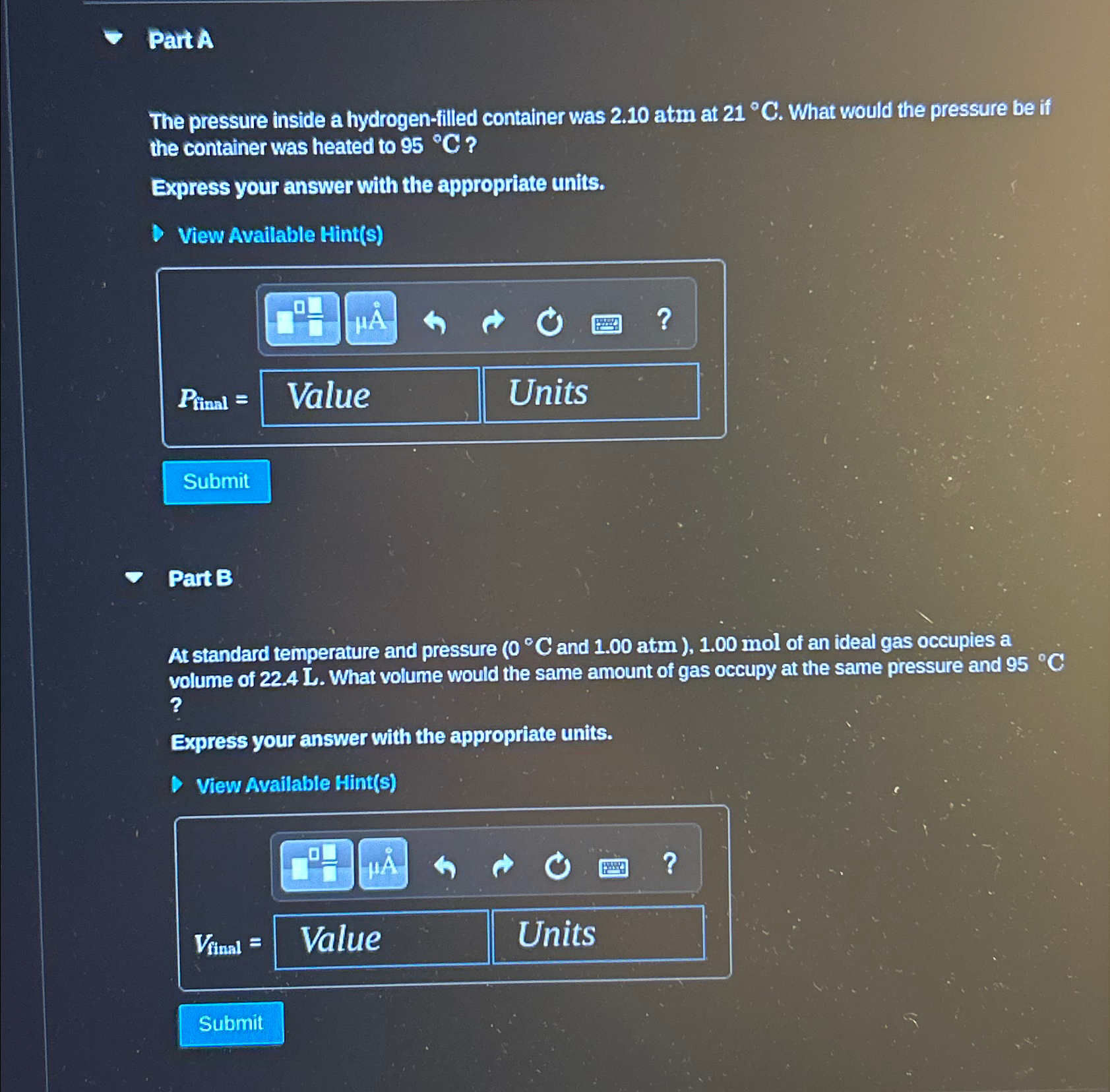 Solved Part AThe pressure inside a hydrogen-filled container | Chegg.com