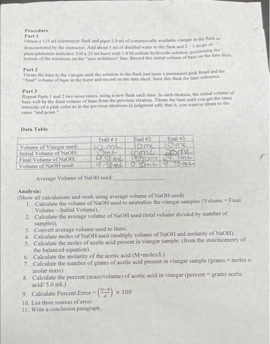 Solved Procedare Part 1 Obtain a 125ml erlenmeyer flask and | Chegg.com