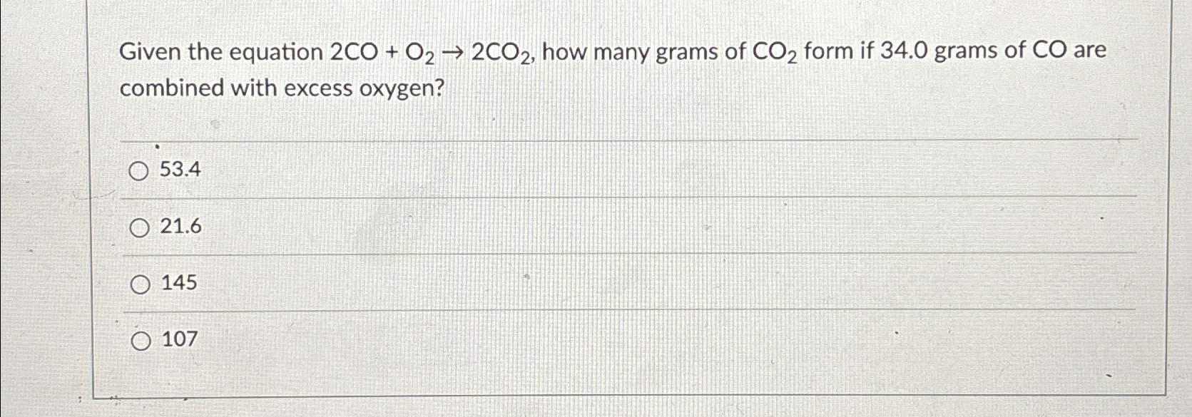 Solved Given the equation 2CO+O2→2CO2, ﻿how many grams of | Chegg.com