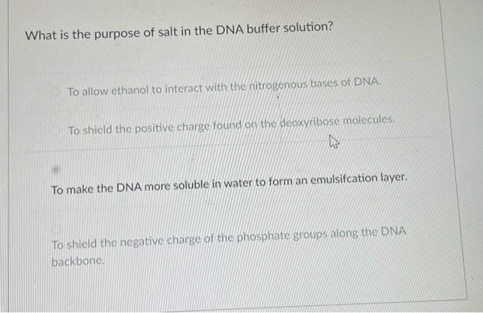 Solved What is the purpose of salt in the DNA buffer | Chegg.com