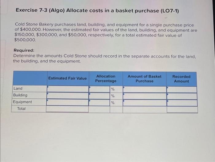 Solved Exercise 7-3 (Algo) Allocate costs in a basket | Chegg.com