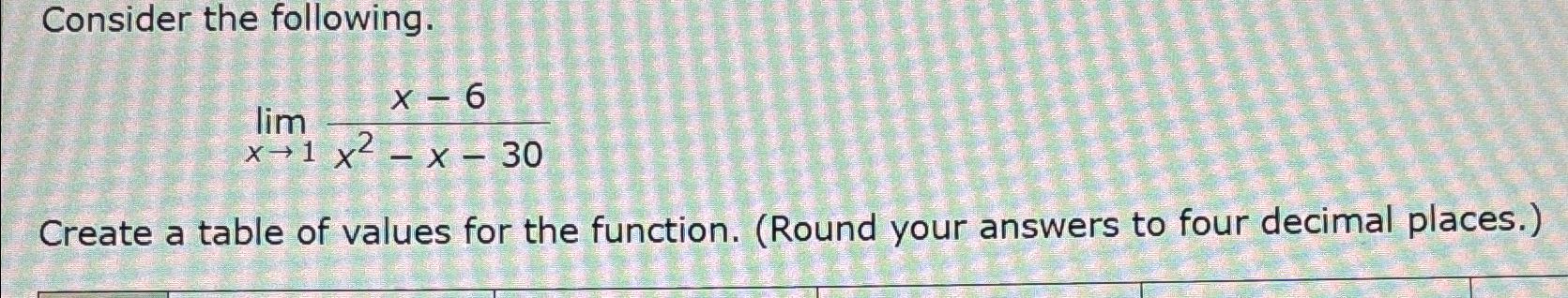 Solved Consider the following.limx→1x-6x2-x-30Create a table | Chegg.com