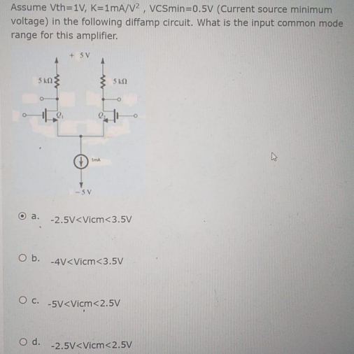 Solved Assume V ﻿th =1V,K=1mAV2,VCSmin=0.5V (Current source | Chegg.com
