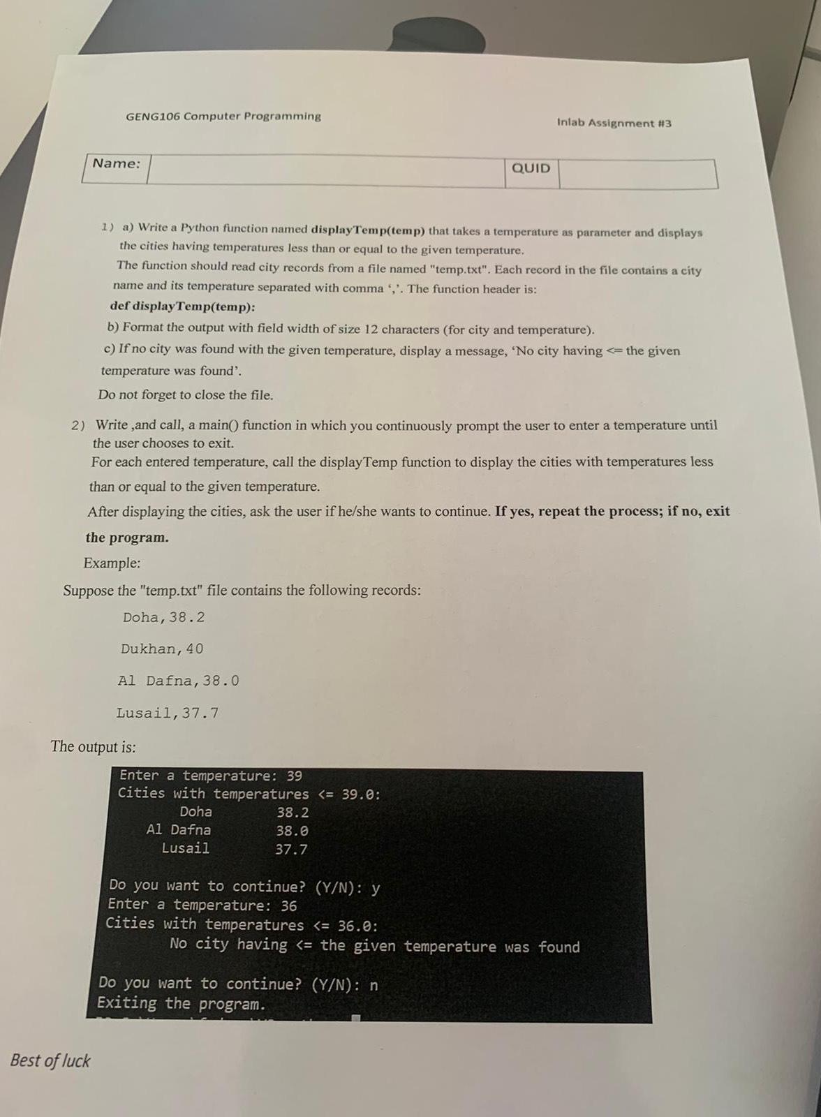 Solved Geng106 ﻿computer Programminginlab Assignment