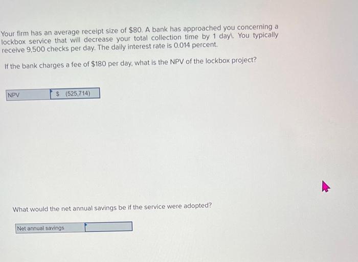 Your firm has an average receipt size of $80. A bank | Chegg.com
