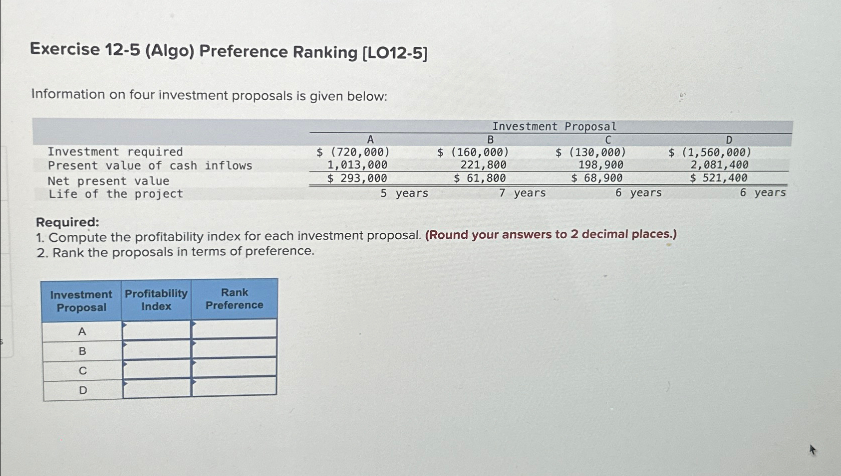 Solved Exercise 12-5 (Algo) ﻿Preference Ranking | Chegg.com