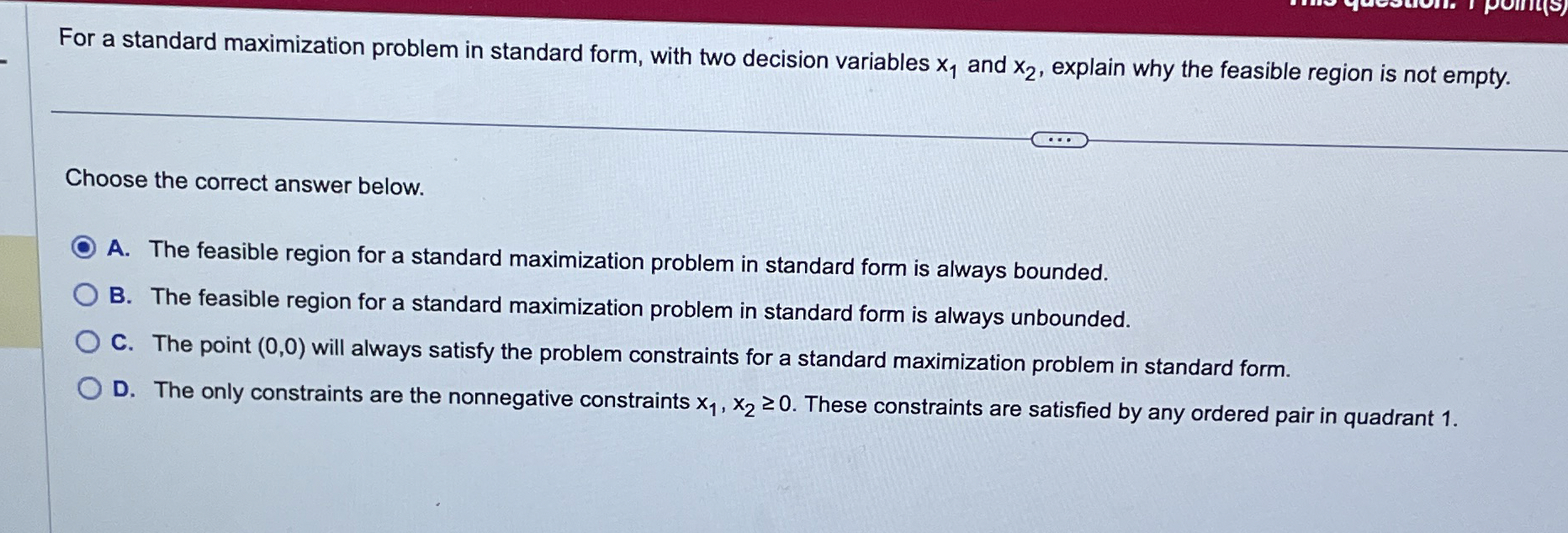 Solved For a standard maximization problem in standard form, | Chegg.com