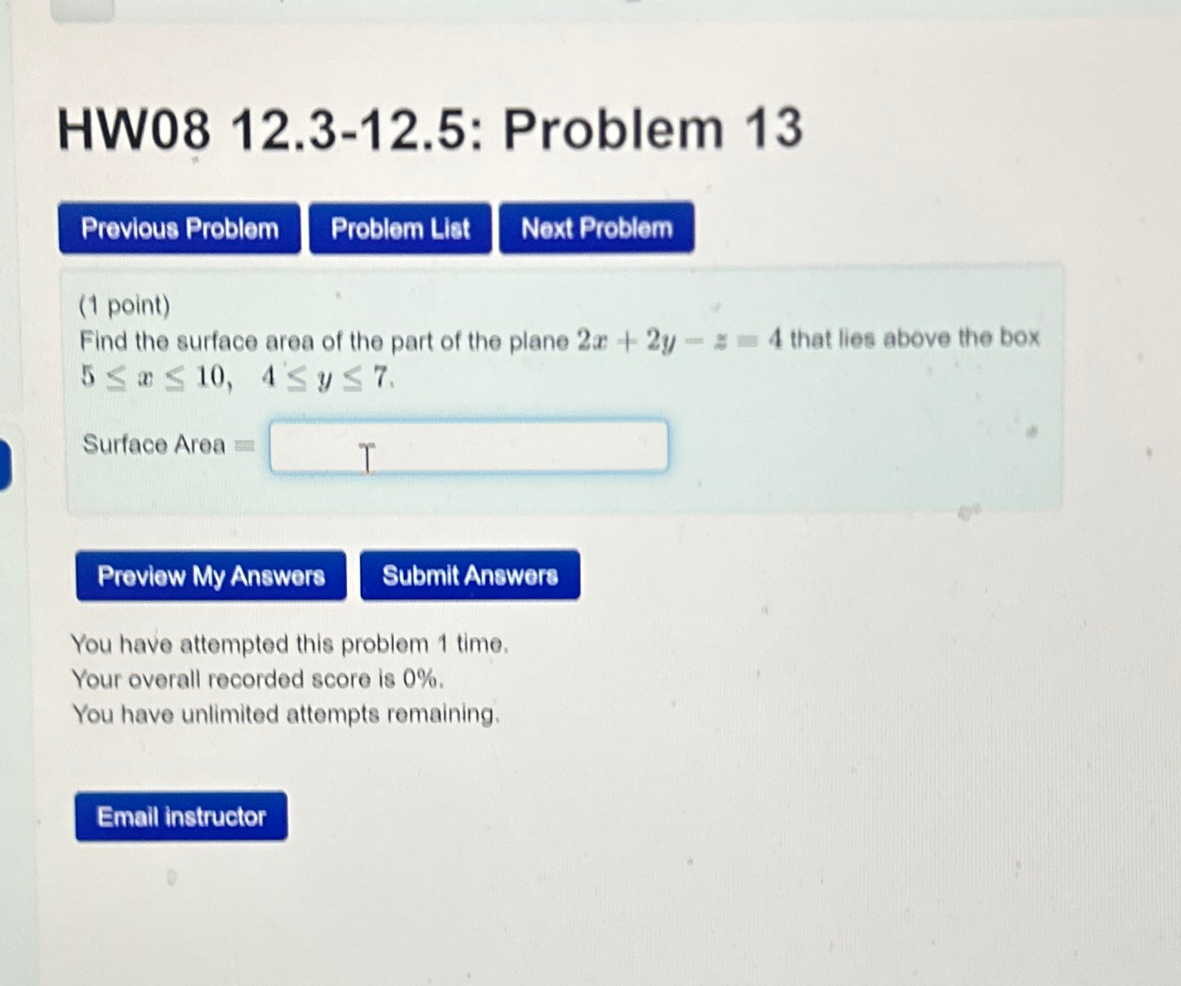 Solved HW08 12.3-12.5: Problem 13(1 ﻿point)Find the surface | Chegg.com