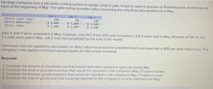 Solved Heritage Company uses a job-order costing system to | Chegg.com