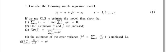 Solved 1. Consider the following simple regression model: | Chegg.com