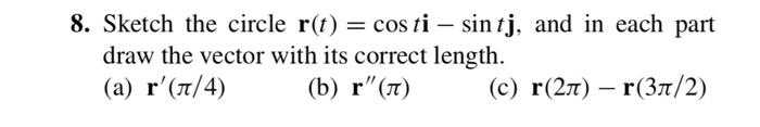 Solved 8. Sketch the circle r(t) = cos ti - sin tj, and in | Chegg.com
