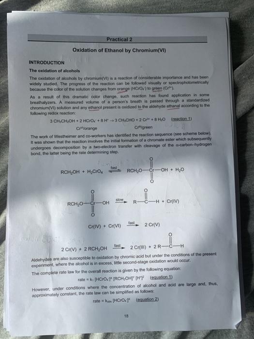 Solved REPORT TEMPLATE Practical 2 - Oxidation of Ethanol by | Chegg.com