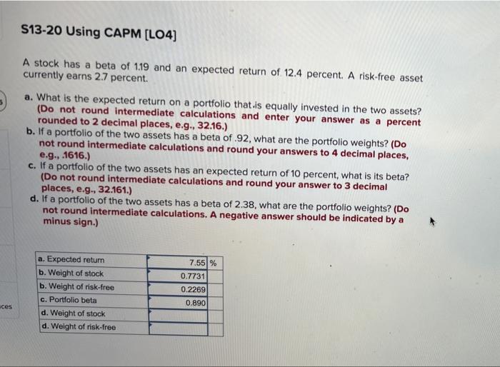 Solved S13-20 Using CAPM (L04] A stock has a beta of 1.19 | Chegg.com