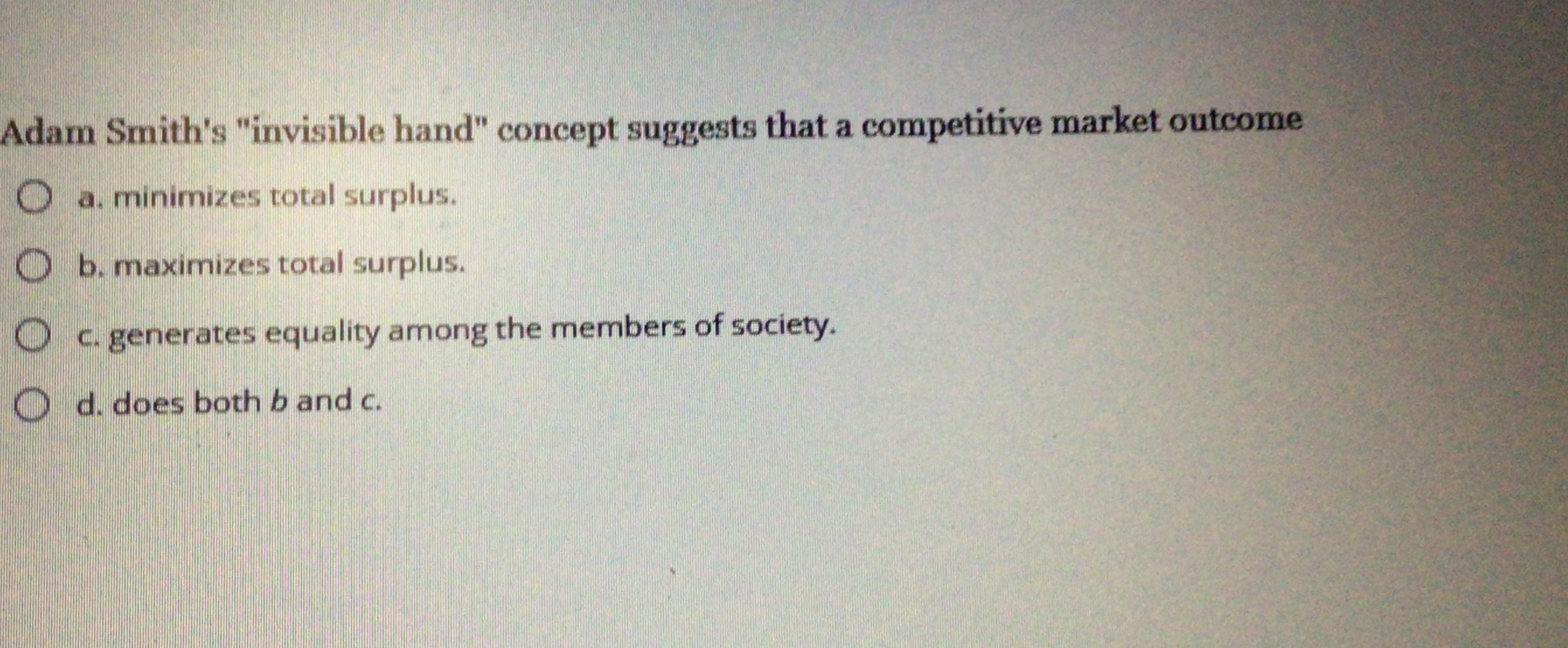 Solved Adam Smith's "invisible hand" concept suggests that a | Chegg.com