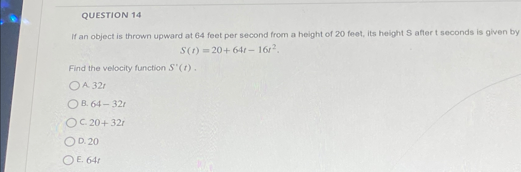 Solved QUESTION 14If an object is thrown upward at 64 ﻿feet | Chegg.com