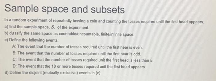 Solved Sample space and subsets In a random experiment of | Chegg.com