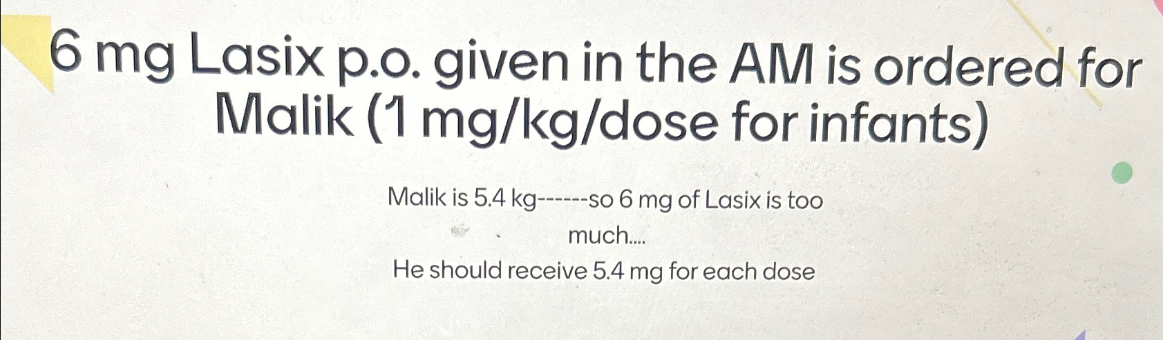 Solved 6mg ﻿Lasix p.o. ﻿given in the AM is ordered for Malik | Chegg.com