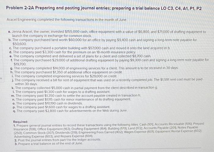Solved Problem 2-2A Preparing and posting journal entries; | Chegg.com